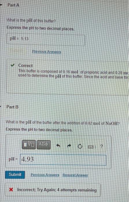 Solved Part A A buffer contains 0.16 mol of propionic acid | Chegg.com