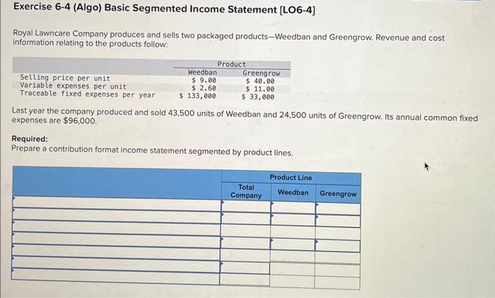 Solved Exercise 6-4 (Algo) Basic Segmented Income Statement | Chegg.com Solved Exercise 6-4 (Algo) Basic Segmented Income Statement | Chegg.com