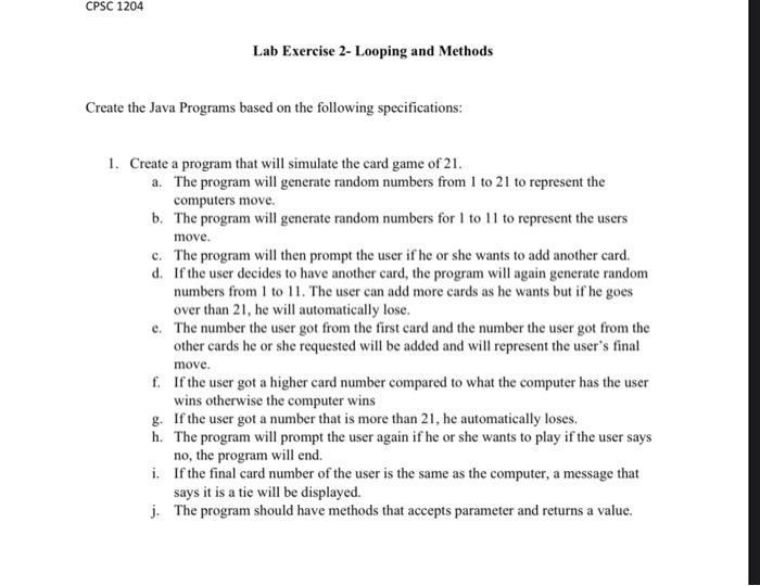 Solved CPSC 1204 Lab Exercise 2- Looping and Methods Create | Chegg.com