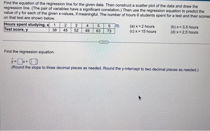 Solved Find the equation of the regression line for the | Chegg.com