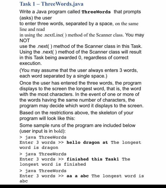 Solved Task 1 - Three Words.java Write a Java program called | Chegg.com