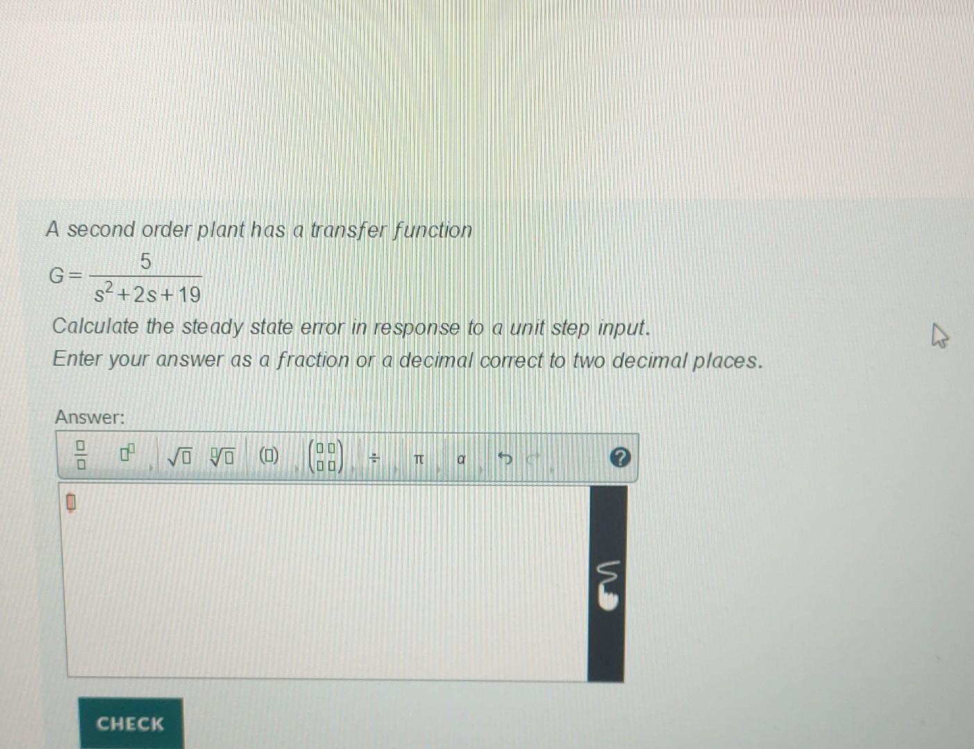 Solved A second order plant has a transfer function | Chegg.com