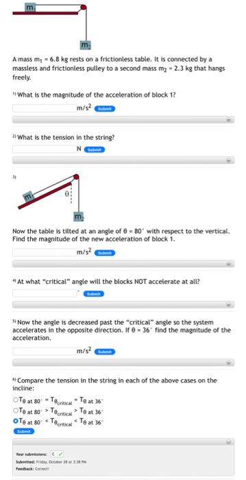 Solved A mass m1=6.8 kg rests on a frictionless table. It is | Chegg.com