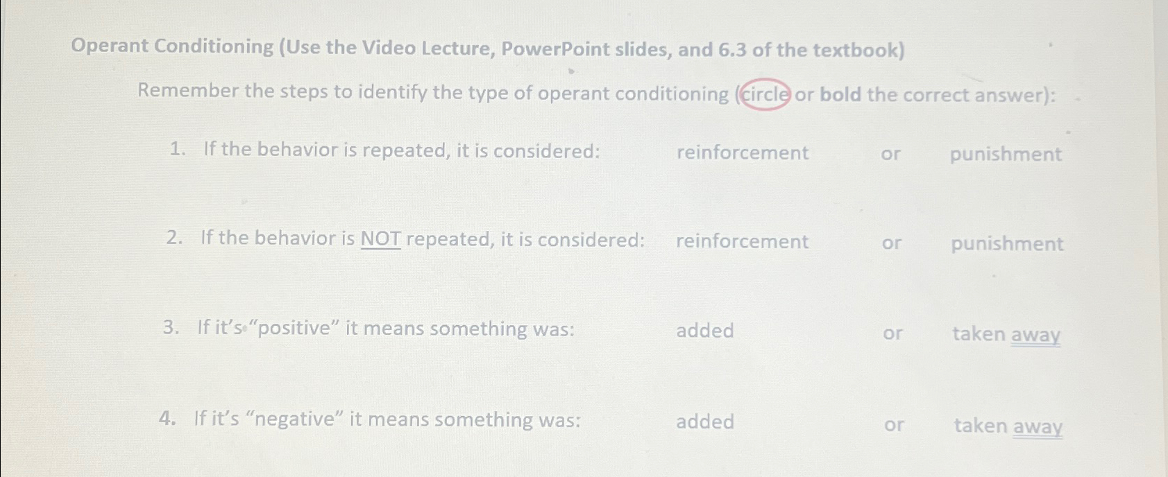 Solved Operant Conditioning (Use the Video Lecture, | Chegg.com