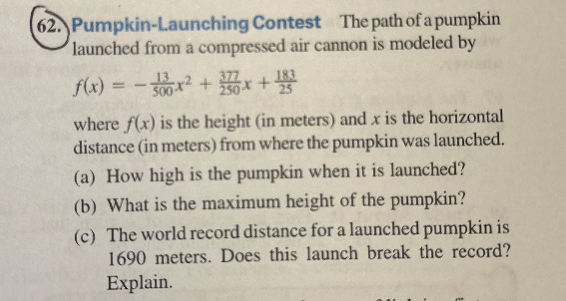 Solved Pumpkin-Launching Contest The path of a | Chegg.com