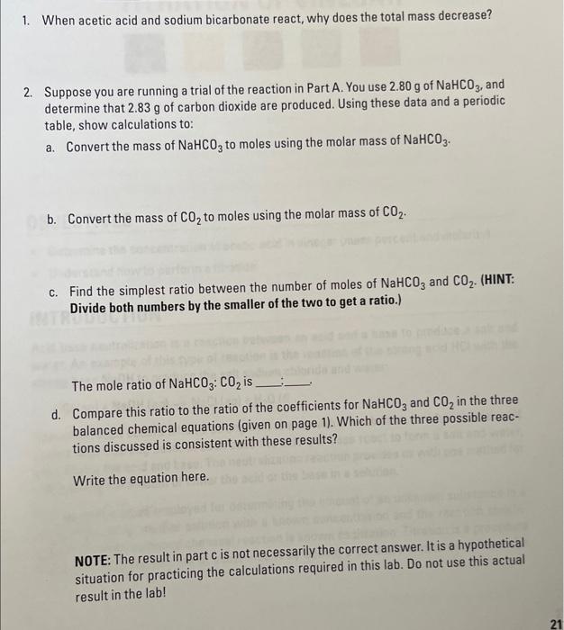 Solved 1. When acetic acid and sodium bicarbonate react, why | Chegg.com