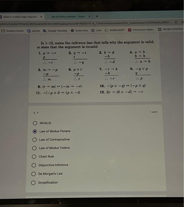 Solved 1-12 name the inference law for each argummet is | Chegg.com