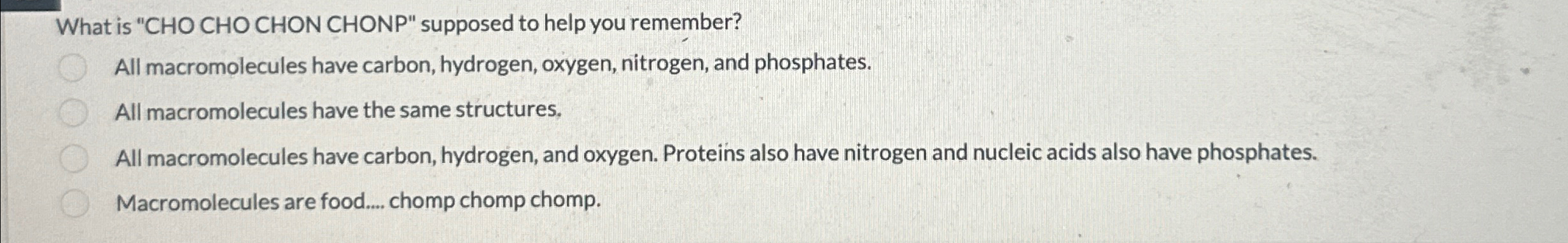Solved What is "CHO CHO CHON CHONP" supposed to help you | Chegg.com