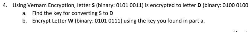 Solved 4. Using Vernam Encryption, letter S (binary: 0101 | Chegg.com