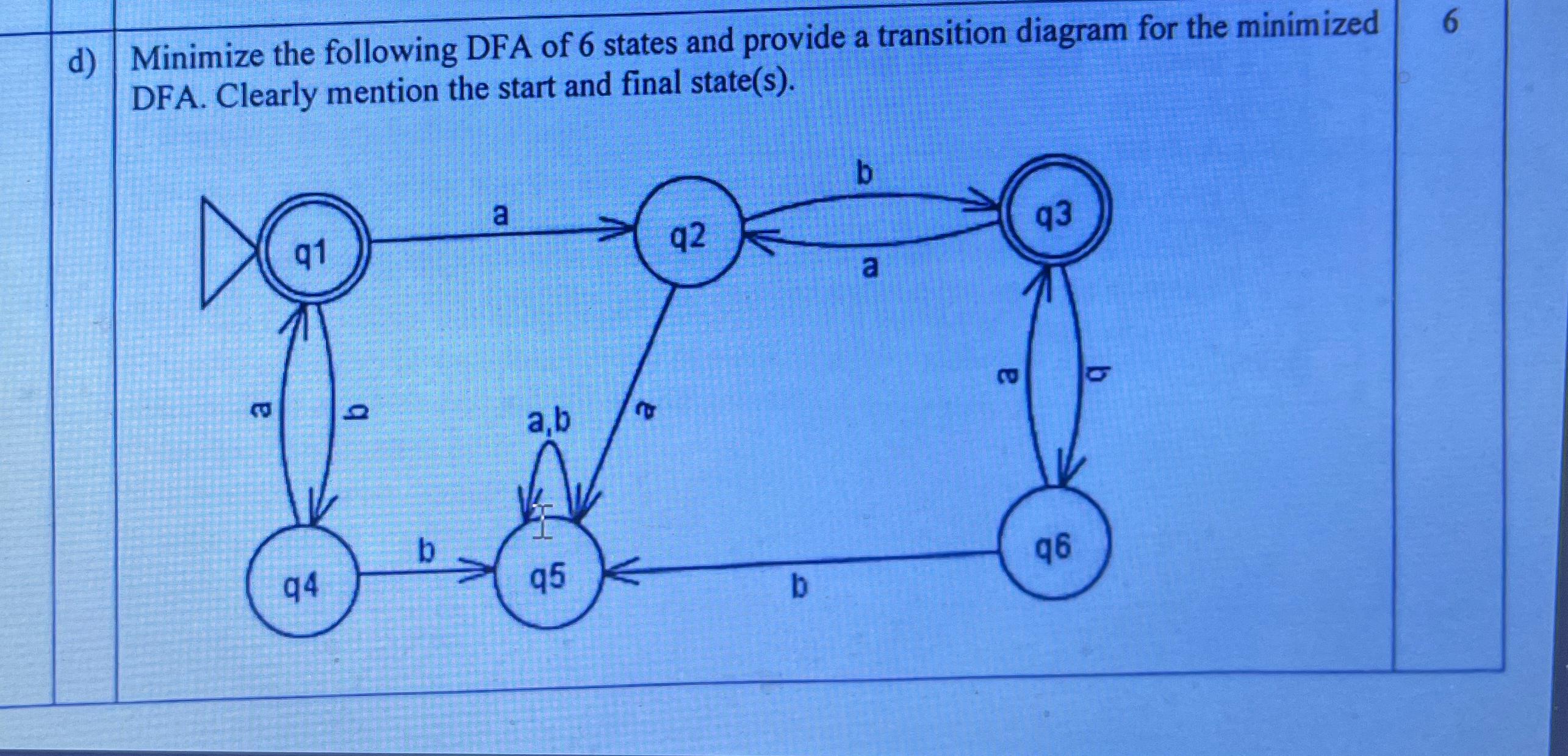 d) ﻿Minimize the following DFA of 6 ﻿states and | Chegg.com