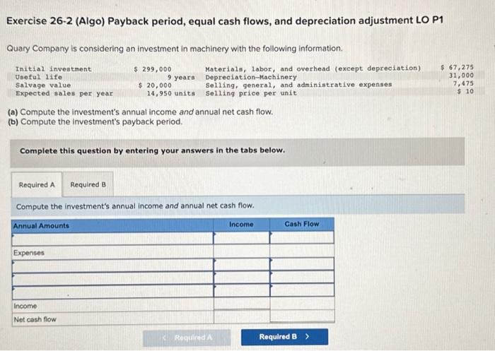 Solved Exercise 26-2 (Algo) Payback period, equal cash | Chegg.com