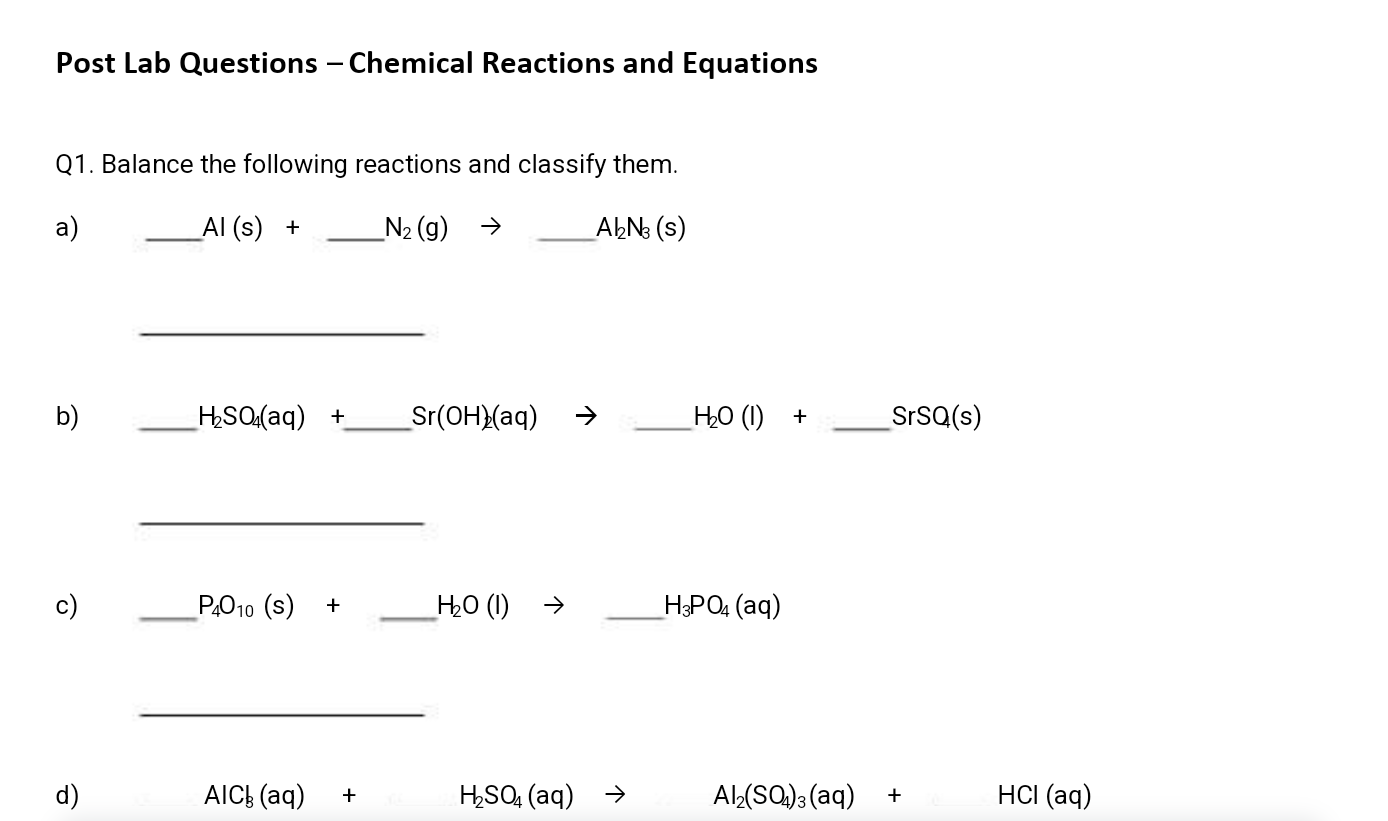 Solved Post Lab Questions - ﻿Chemical Reactions and | Chegg.com