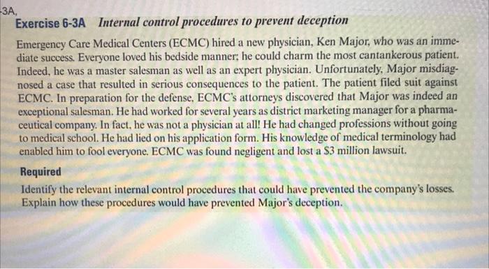 Solved A, Exercise 6-3A Internal control procedures to | Chegg.com