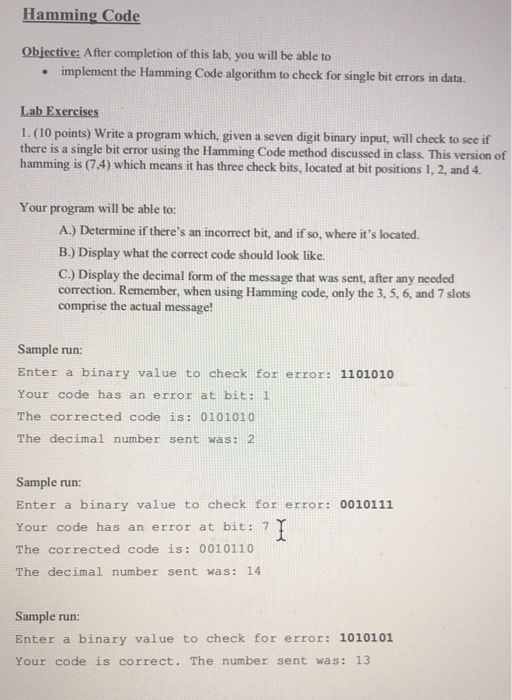 Solved Hamming Code Objective After Completion Of This Lab