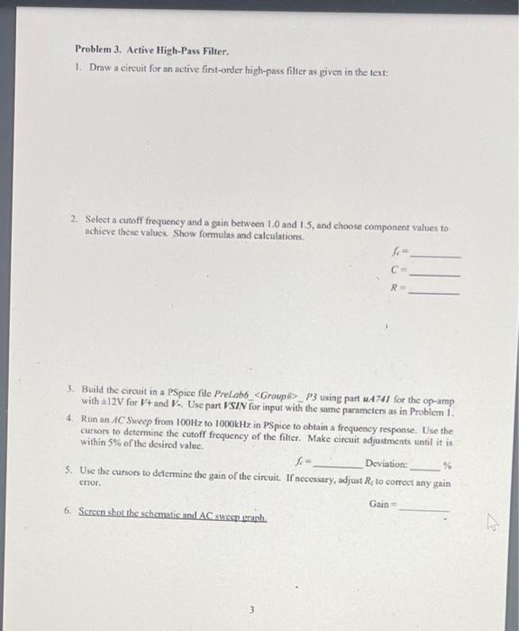 Solved ECE 2005 PreLab 7 This lab involves designing passive | Chegg.com