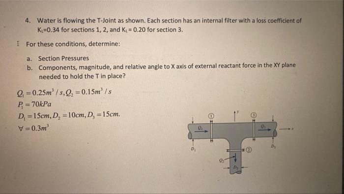 Solved 4. Water is flowing the T-Joint as shown. Each | Chegg.com