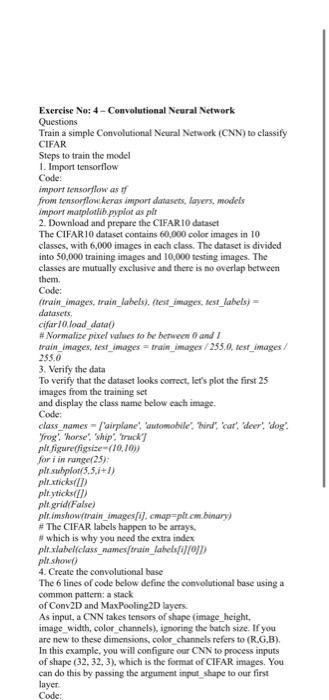 Solved Exercise No: 4 - Cenvolutional Neural Network | Chegg.com