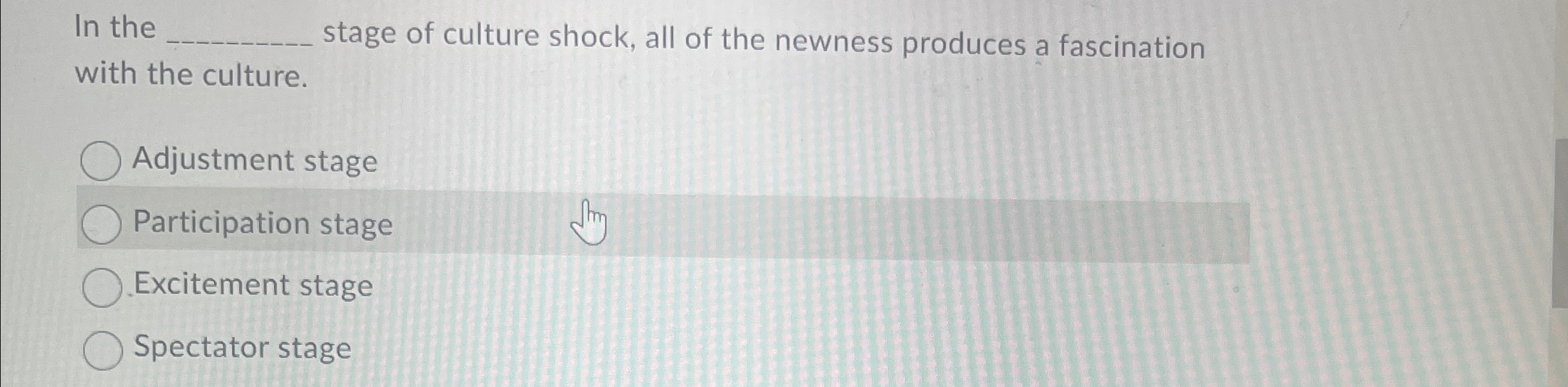 Solved In the ﻿stage of culture shock, all of the newness | Chegg.com