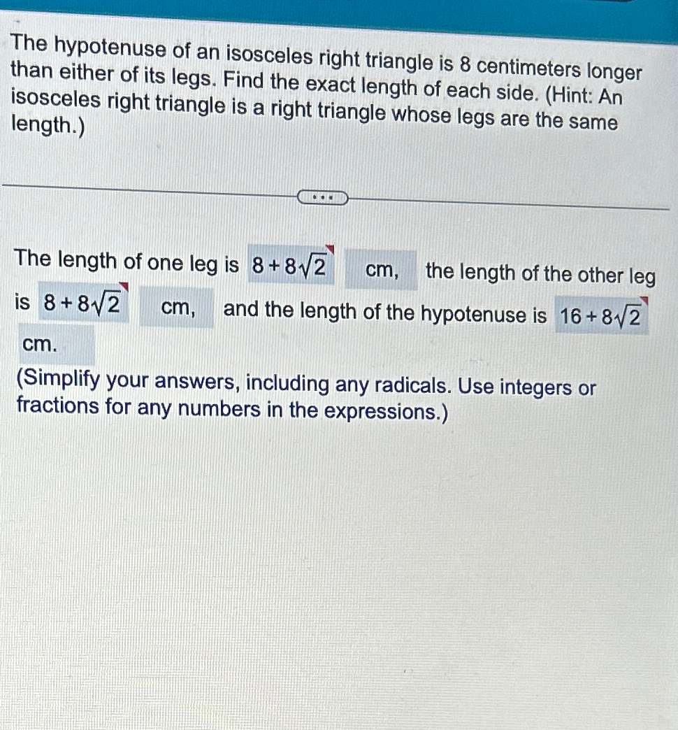 Solved The hypotenuse of an isosceles right triangle is 8 | Chegg.com