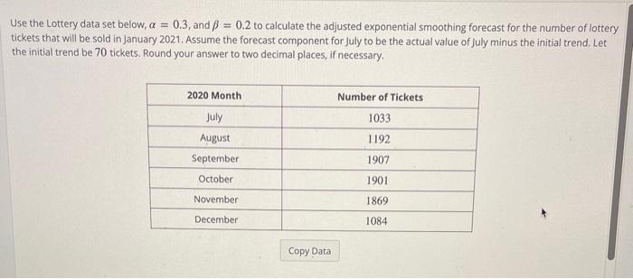 Solved Use the Lottery data set below, α=0.3, and β=0.2 to | Chegg.com