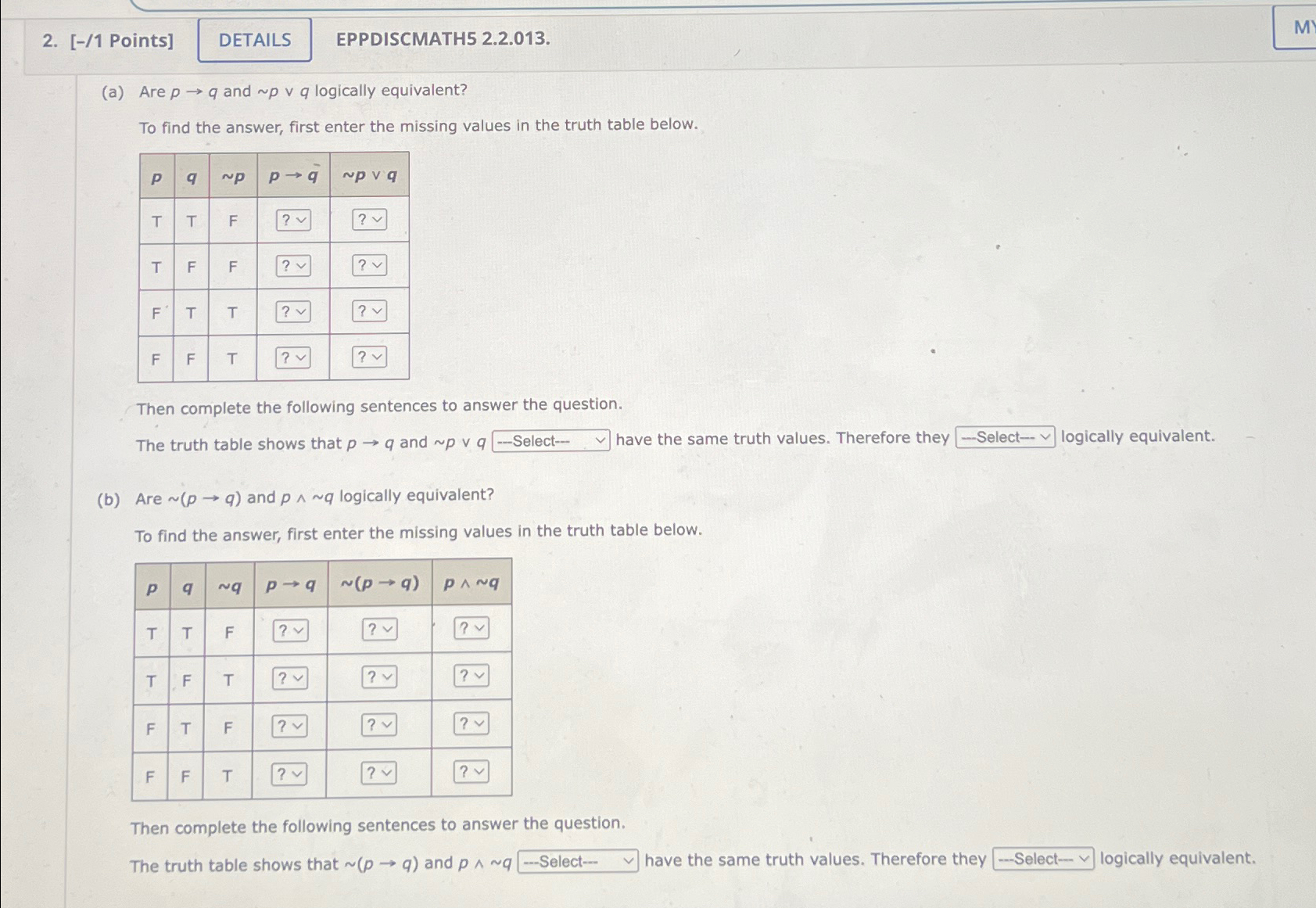 Solved [-/1 Points]\\nEPPDISCMATH5 2.2.013.\\n(a) Are p->q | Chegg.com