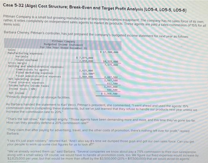 Solved Case 5-32 (Algo) Cost Structure; Break-Even and | Chegg.com