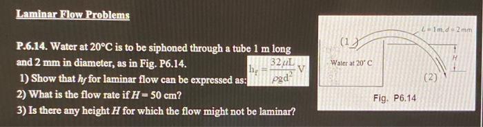 Solved Laminar Flow Problems P.6.14. Water at 20∘C is to be | Chegg.com