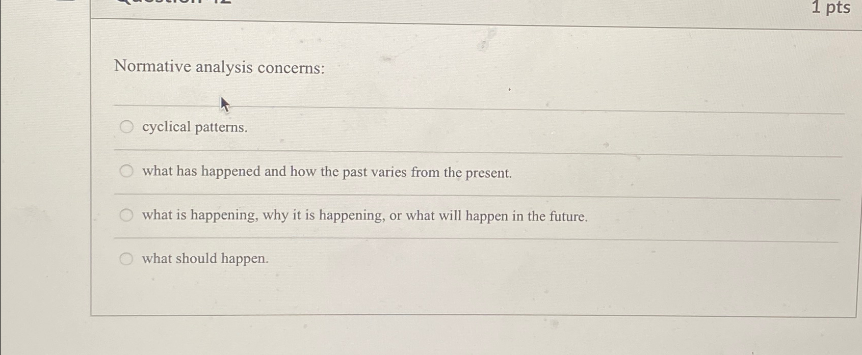 Solved 1 ﻿ptsNormative analysis concerns:cyclical | Chegg.com