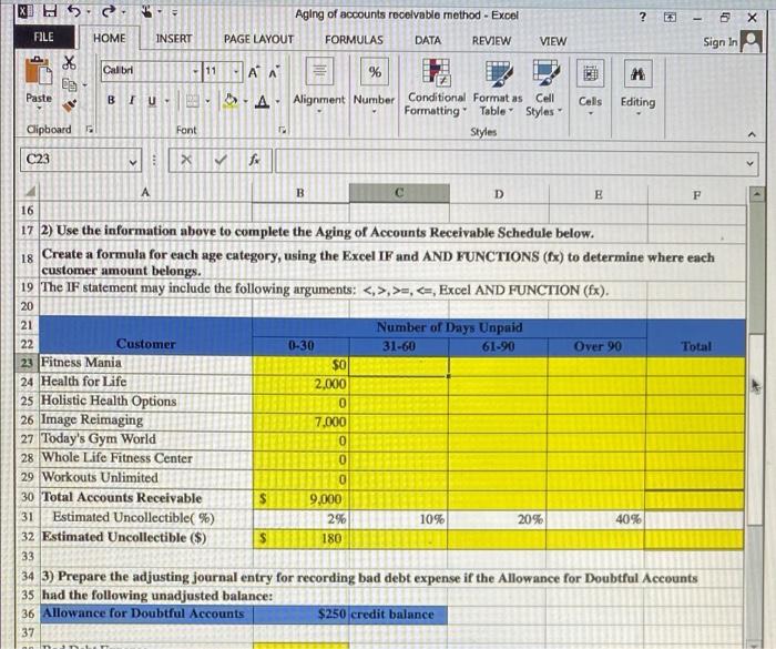 Solved Aging of accounts receivable method - Excel FILE PAGE | Chegg.com