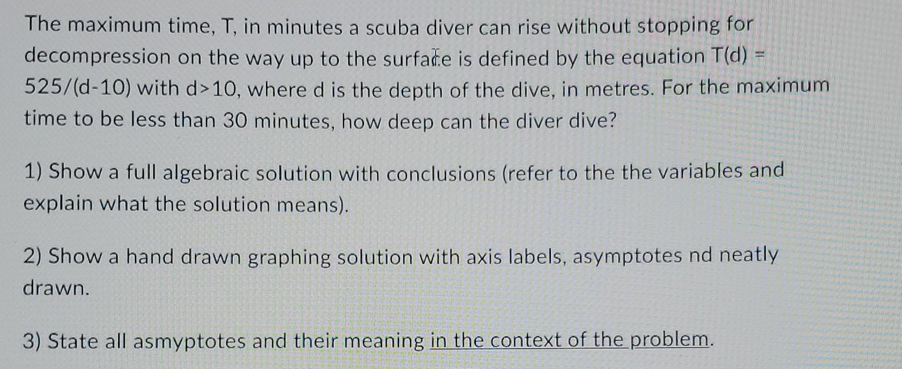 Solved The maximum time, T, in minutes a scuba diver can | Chegg.com