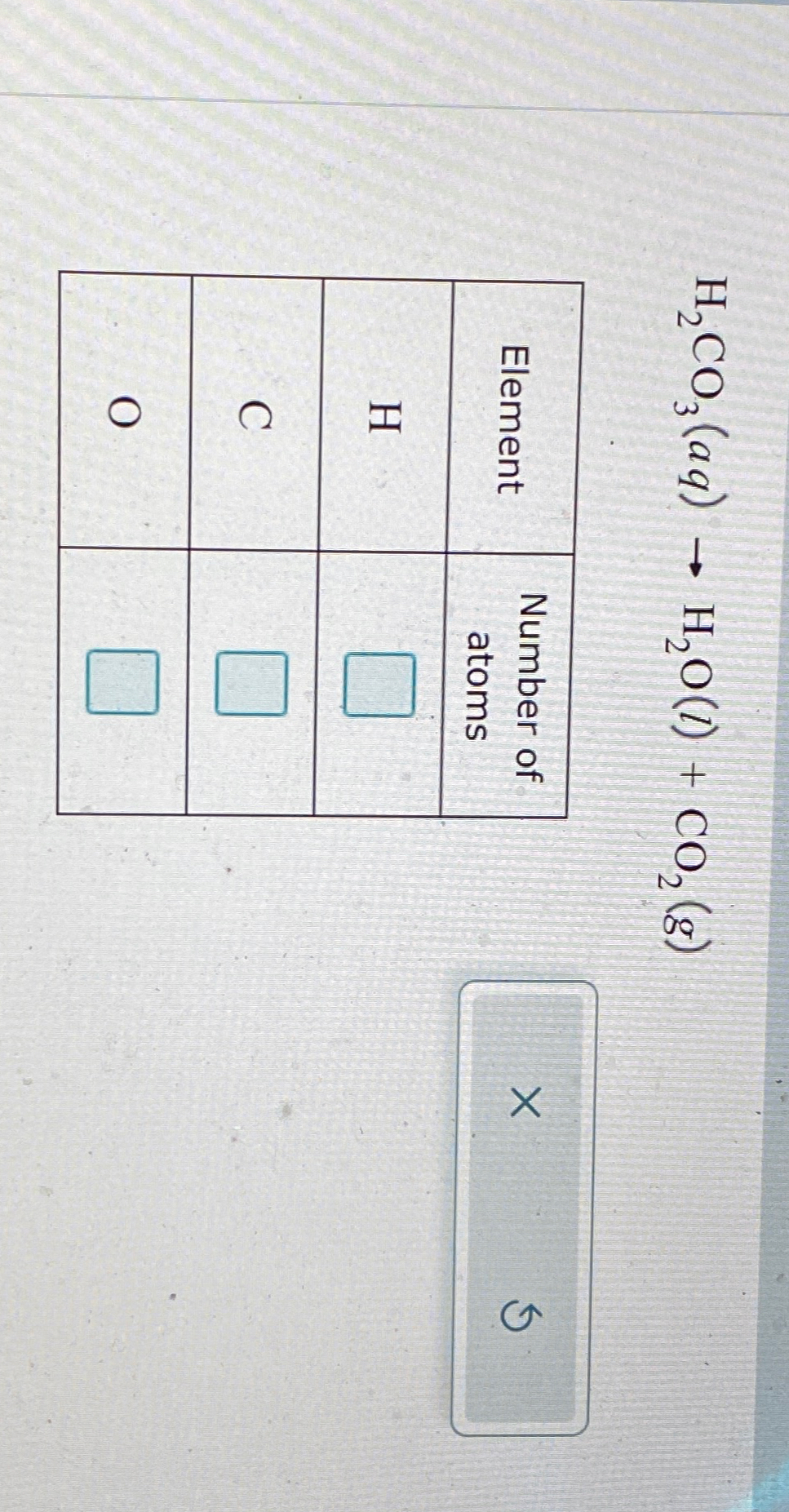 Solved H2CO3(aq)→H2O(l)+CO2(g)\table[[Element,\table[[Number | Chegg.com