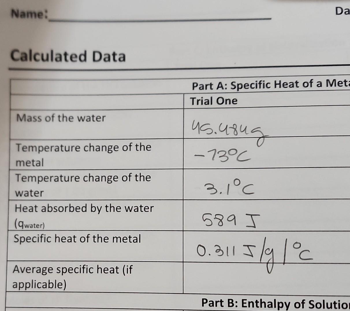 Solved Answer the following questions: a) delta T for the | Chegg.com