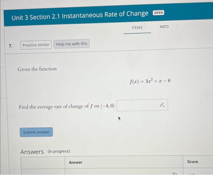 Solved Given the function f(x)=3x2+x−6 Find the average rate | Chegg.com