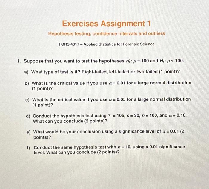 Solved Exercises Assignment 1 Hypothesis testing, confidence | Chegg.com