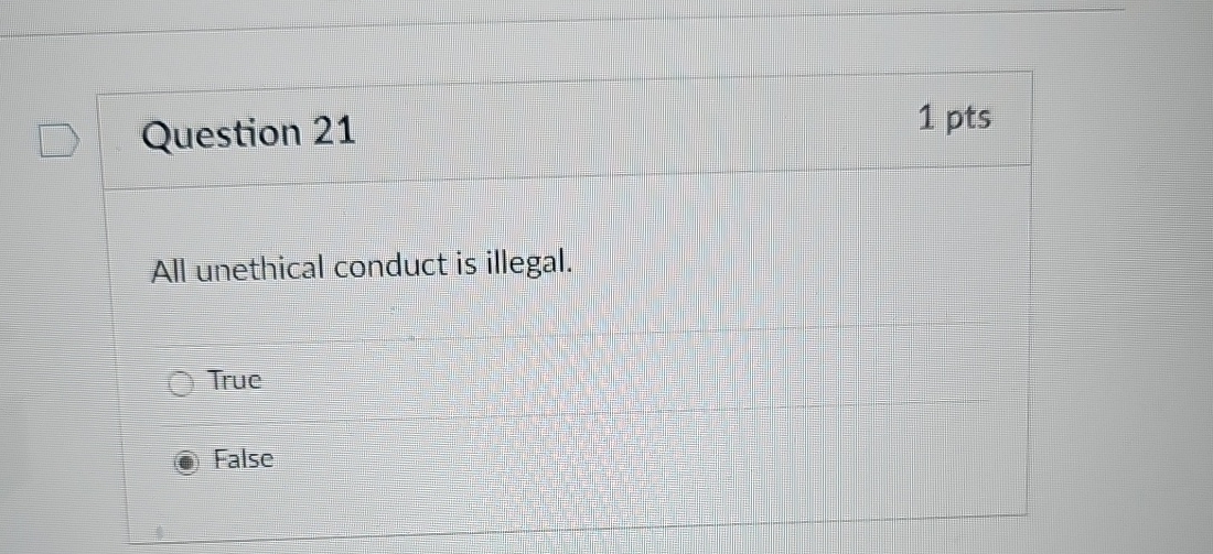 Solved Question 21 1 ﻿pts All unethical conduct is illegal. | Chegg.com