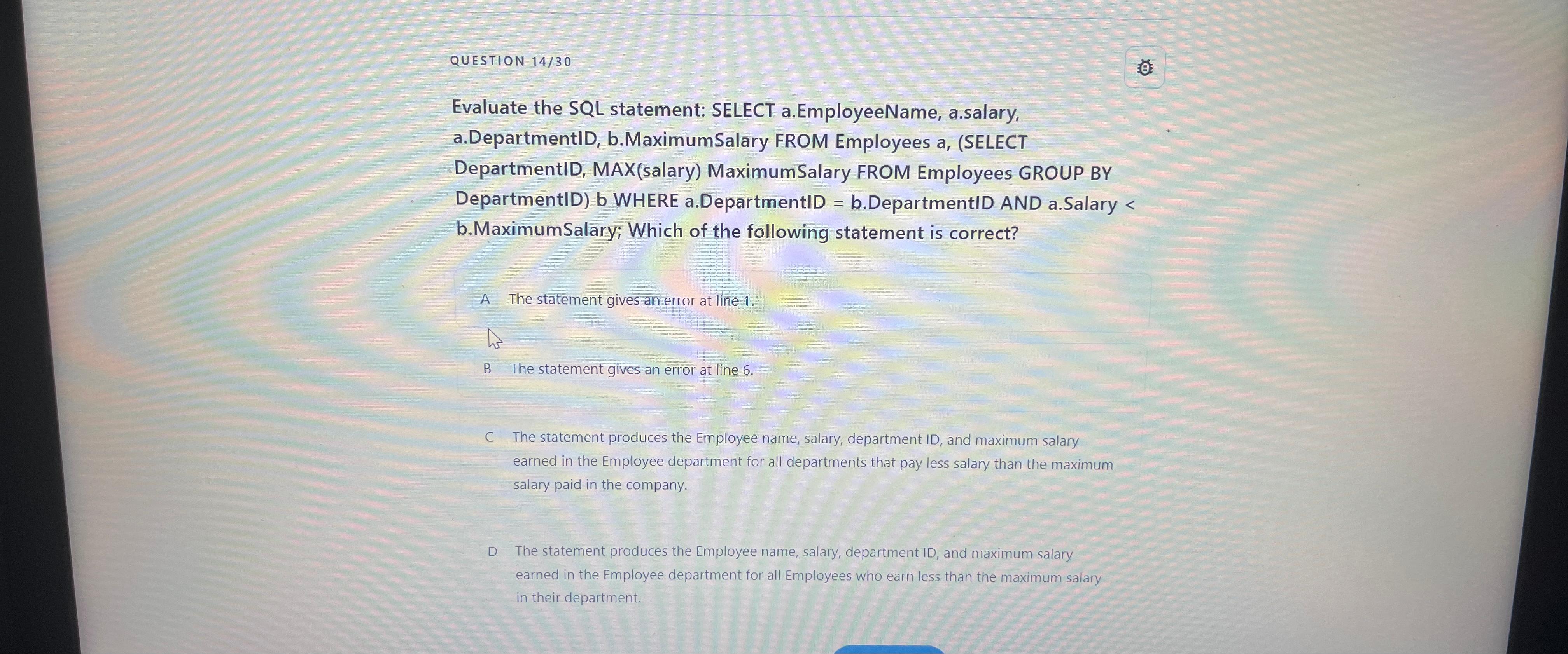 Solved QUESTION 1430Evaluate the SQL statement: SELECT | Chegg.com