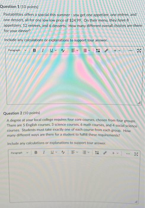 Solved Question 1 (10 points) Pastabilities offers a special | Chegg.com