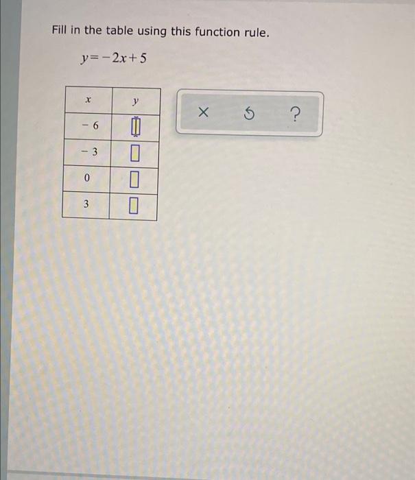 Solved Fill in the table using this function rule. y=-2x+5 X | Chegg.com