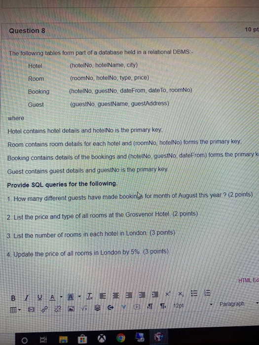 Solved Question 8 10 pt The following tables form part of a | Chegg.com
