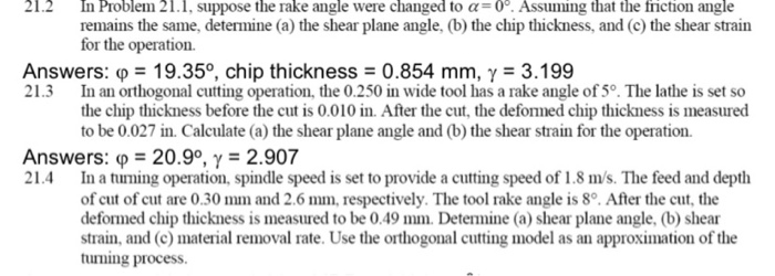 21.2 In Problem 21.1. suppose the rake angle were | Chegg.com