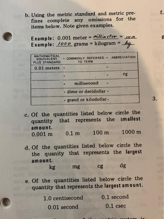 Solved f. b. Using the metric standard and metric pre- fixes | Chegg.com