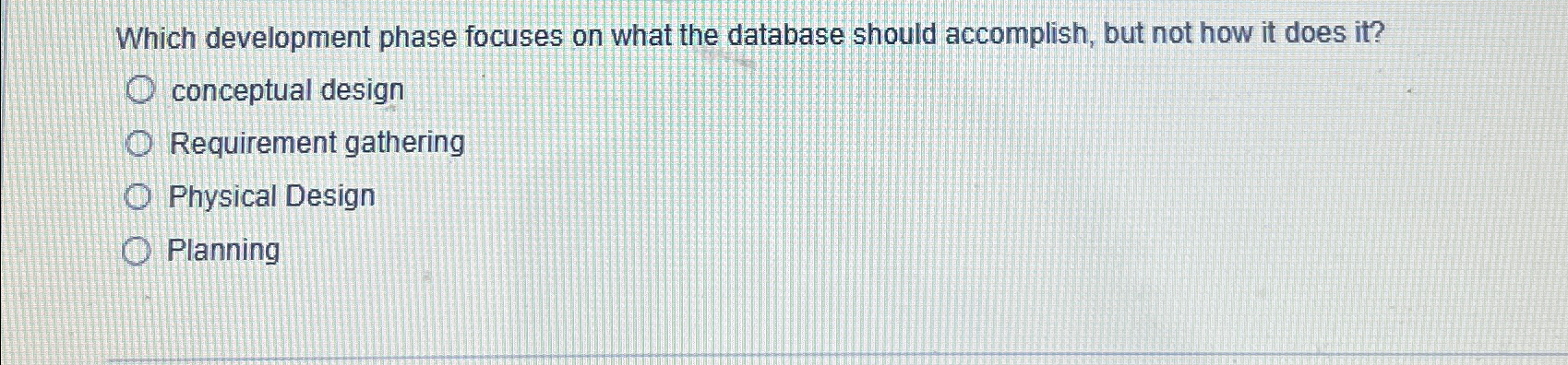 Solved Which development phase focuses on what the database | Chegg.com