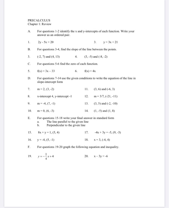 Solved 1. B 4. D PRECALCULUS Chapter 1: Review A For | Chegg.com