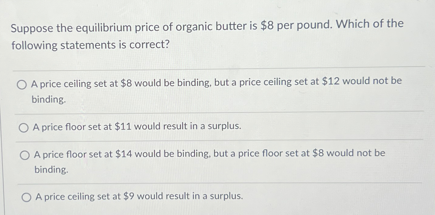 Solved Suppose the equilibrium price of organic butter is $8 | Chegg.com