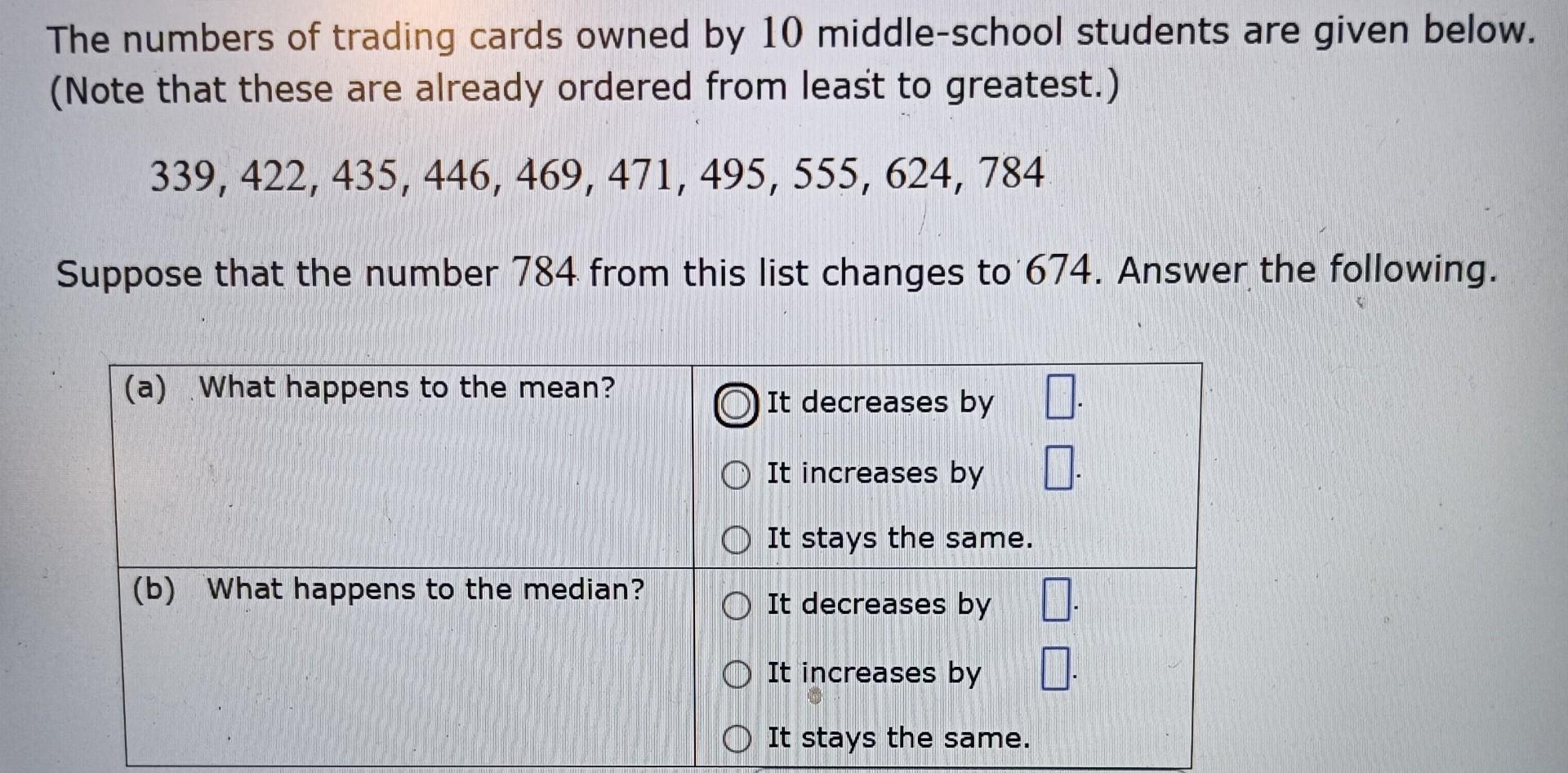 Solved The numbers of trading cards owned by 10 | Chegg.com
