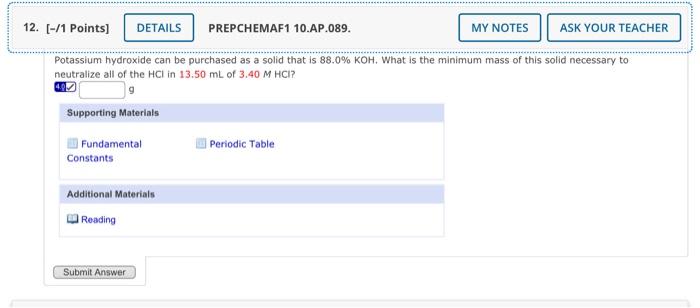 Solved PREPCHEMAF1 10.AP.089. Potassium hydroxide can be | Chegg.com
