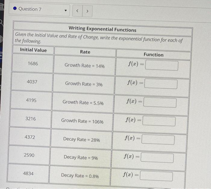 Solved Question 7 Writing Exponential Functions Given the | Chegg.com