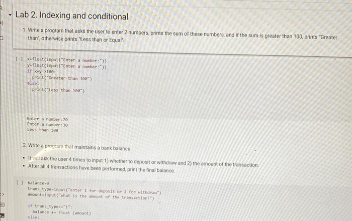 Solved Lab 2. Indexing and conditional 1. Write a program | Chegg.com Solved Lab 2. Indexing and conditional 1. Write a program | Chegg.com