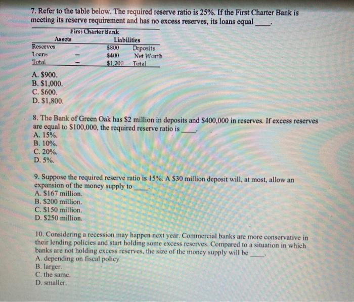 Solved 7. Refer to the table below. The required reserve | Chegg.com