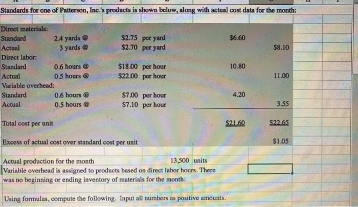 Solved Standards for one of Patterson, Inc.'s products is | Chegg.com